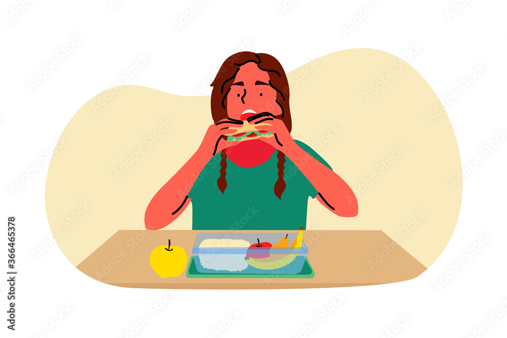 Dinner, school, food, break, childhood concept. Young child kid girl ...