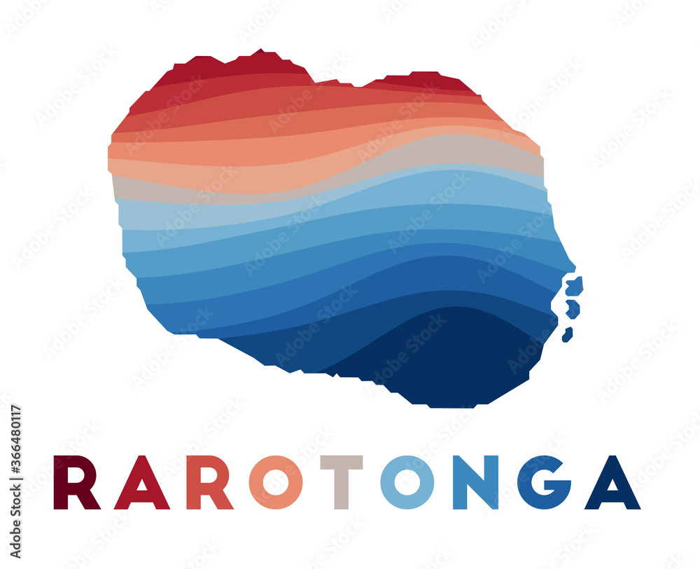 Rarotonga map. Map of the island with beautiful geometric waves in red ...