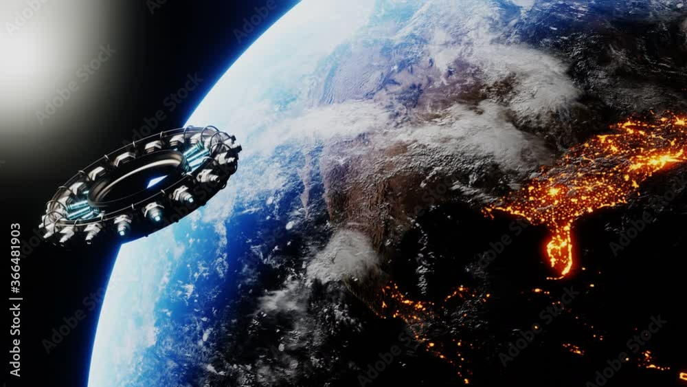 A view of the earth and a spaceship from satellit using high technology ...