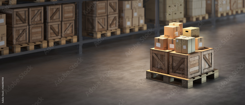 3d rendering work of cargo system. Pallet with many cardboxes waiting ...