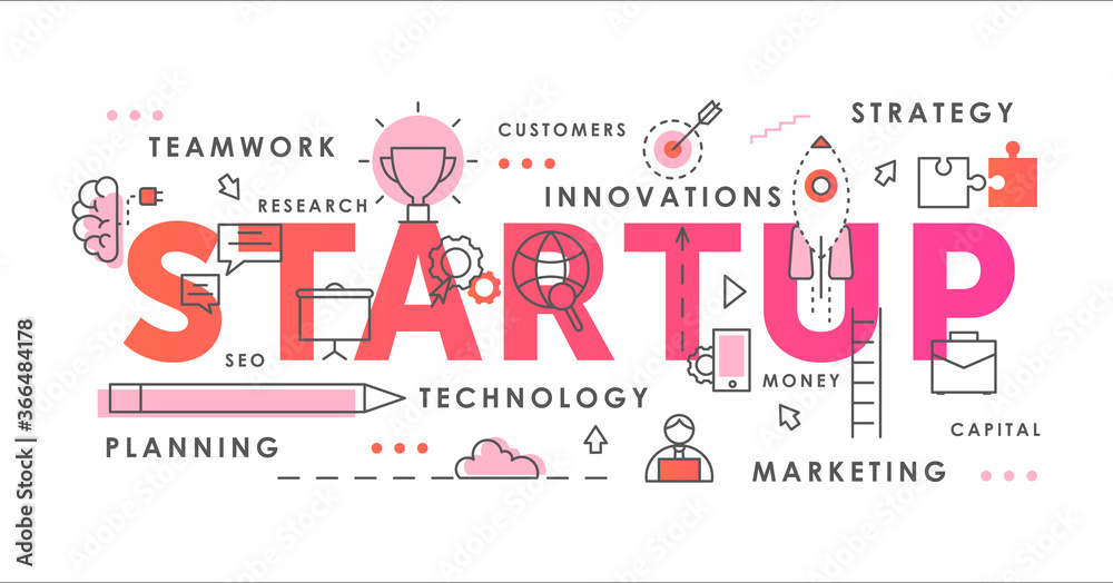 Startup word abstract thin line vector illustration. Flat horizontal ...