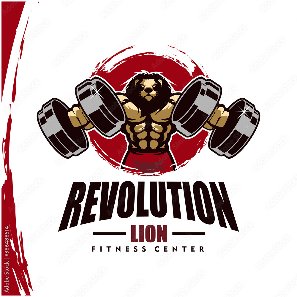 Lion with strong body, fitness club or gym logo. Design element for ...
