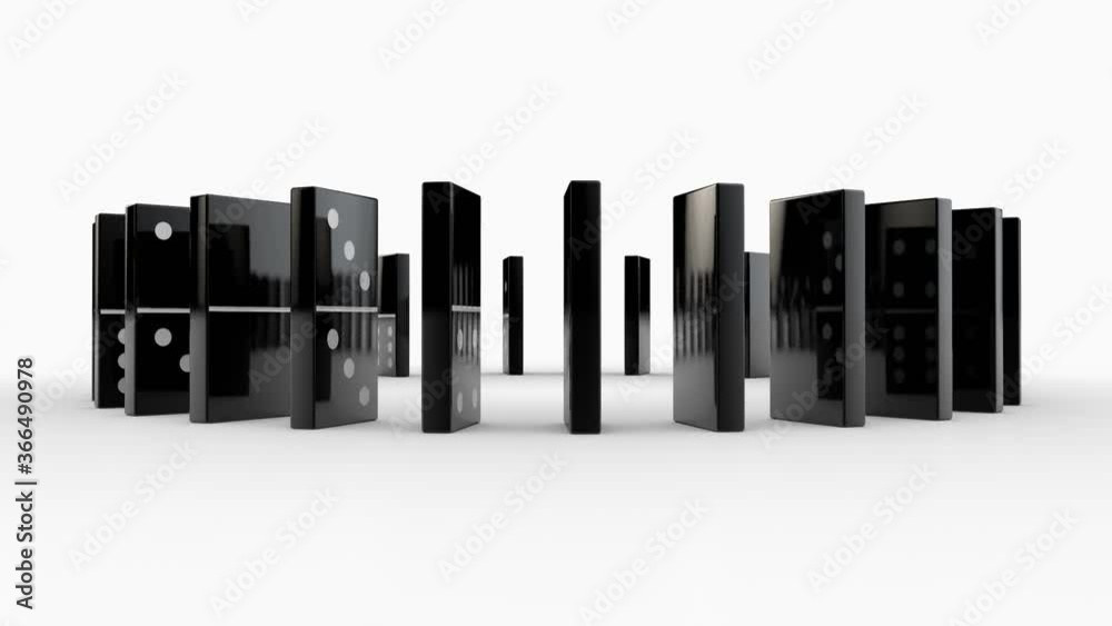 3D animation of dominoes that stand around and start falling. The ...