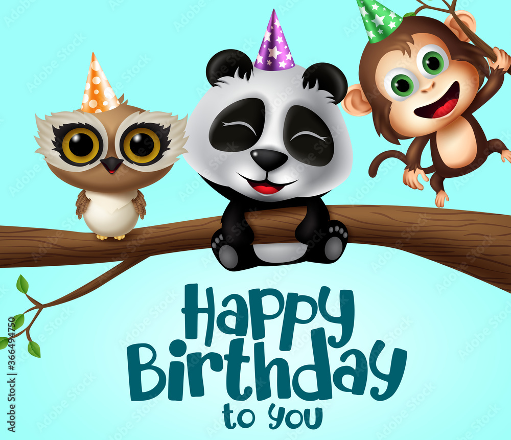 Happy birthday greeting animal party characters vector design. Happy ...
