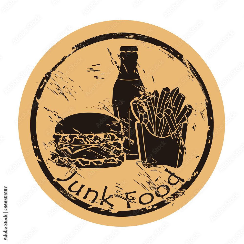 Junk food silhouette vector round shabby emblem flat design, old retro ...