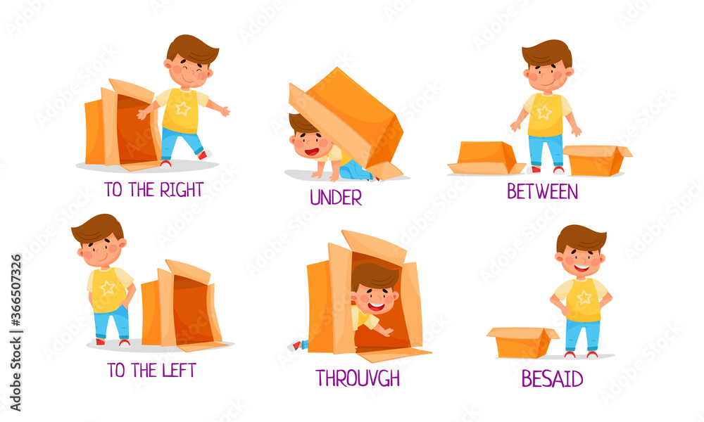 Little Boy and Carton Box as Prepositions of Place Demonstration Vector ...