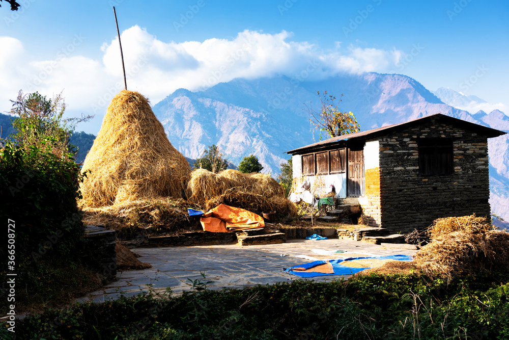 Nepali traditional house. Rural life in Nepal. Beautiful view along ...