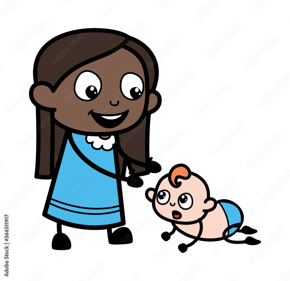 Cartoon Black Girl with Crowling Baby Stock Vector | Adobe Stock
