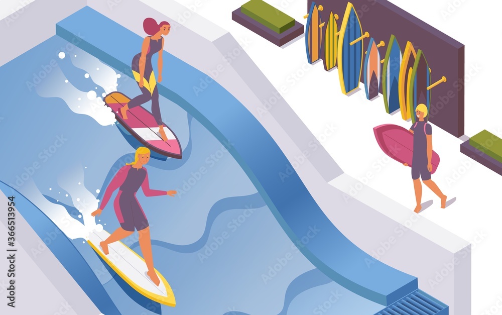 Isometric vector surf wave pools at the hotel, water park. 3d surfer ...