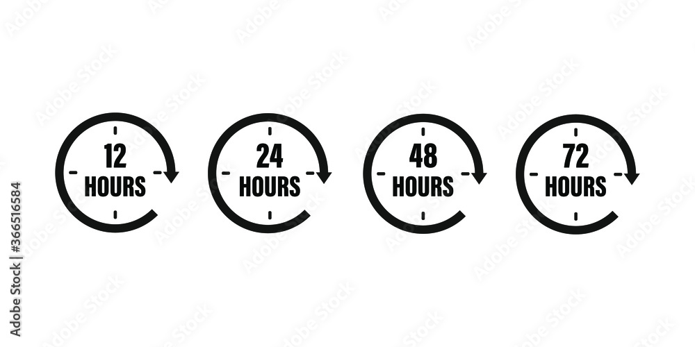 12, 24, 48 and 72 hours clock arrow. Vector icon on white background ...