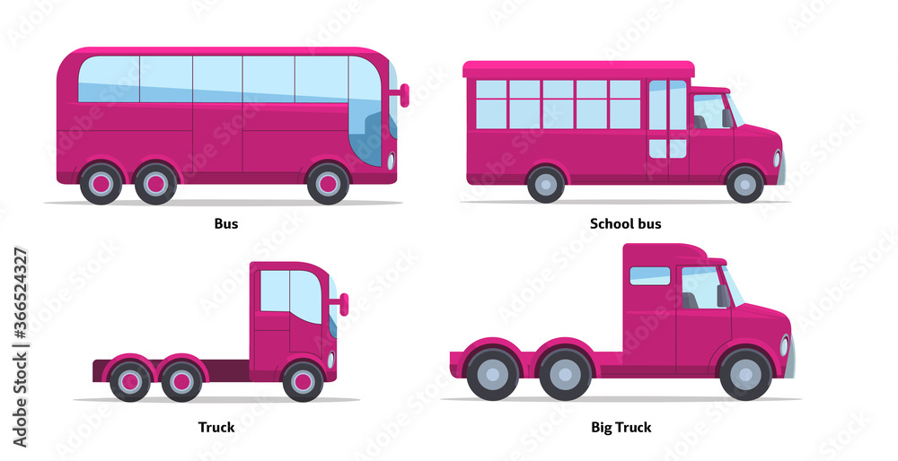 Set of buses trucks side view. Vector stock flat illustration ...