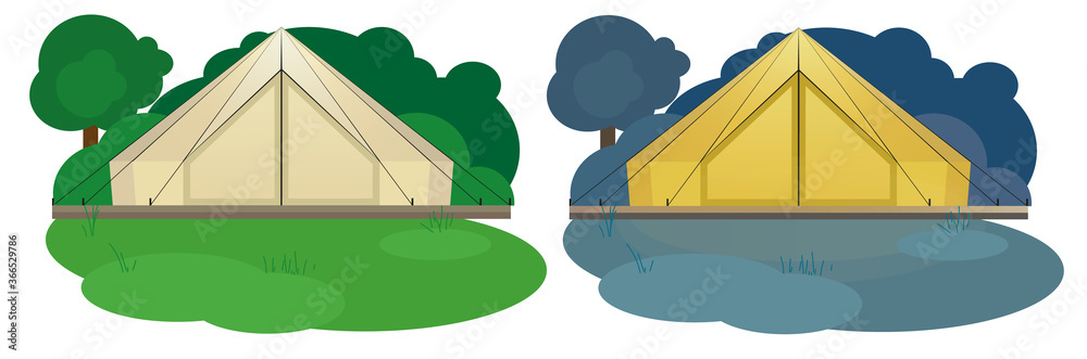 Vector illustration of glamping tent in the daytime and at night ...