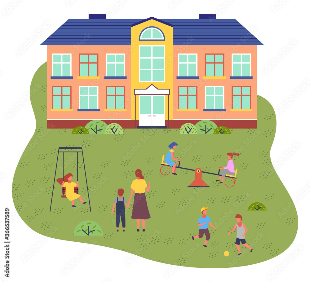 Illustration of preschool building. Cartoon house. Playground with ...
