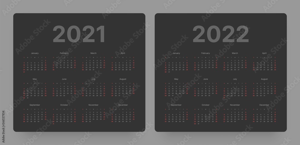 Calendar for 2021 and 2022 year in clean minimal style. Week Starts on ...