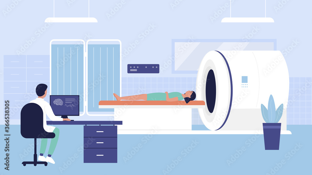 Hospital tomography exam vector illustration. Cartoon flat woman doctor ...