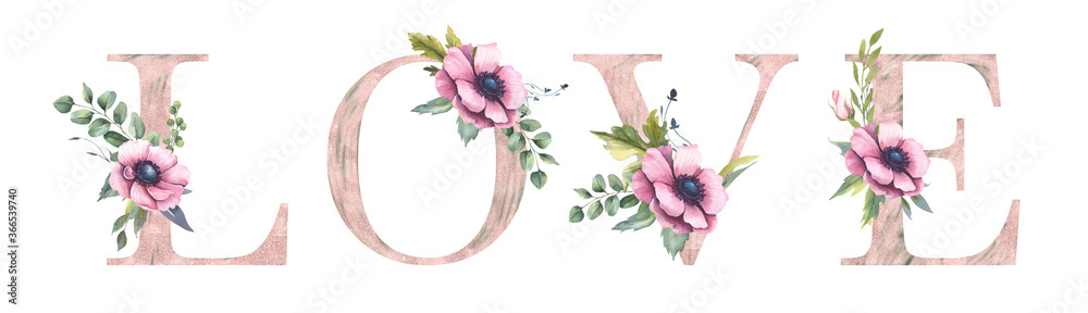 Floral alphabet, lettering- LOVE with watercolor flowers and green leaf ...
