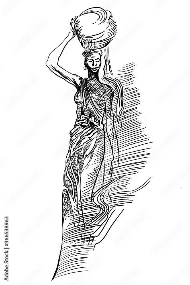 liner drawing of African woman carrying a load fixed on the head Stock ...