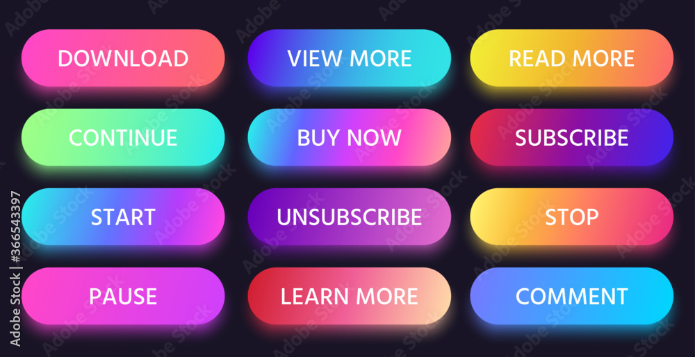Colorful gradient button. Read, view and learn more buttons. Buy now ...