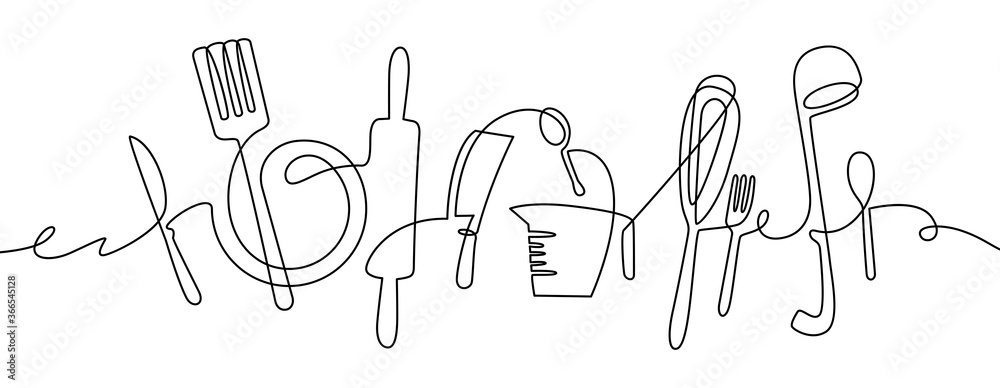 Kitchen tools. Continuous one line drawing kitchen utensils, cooking ...