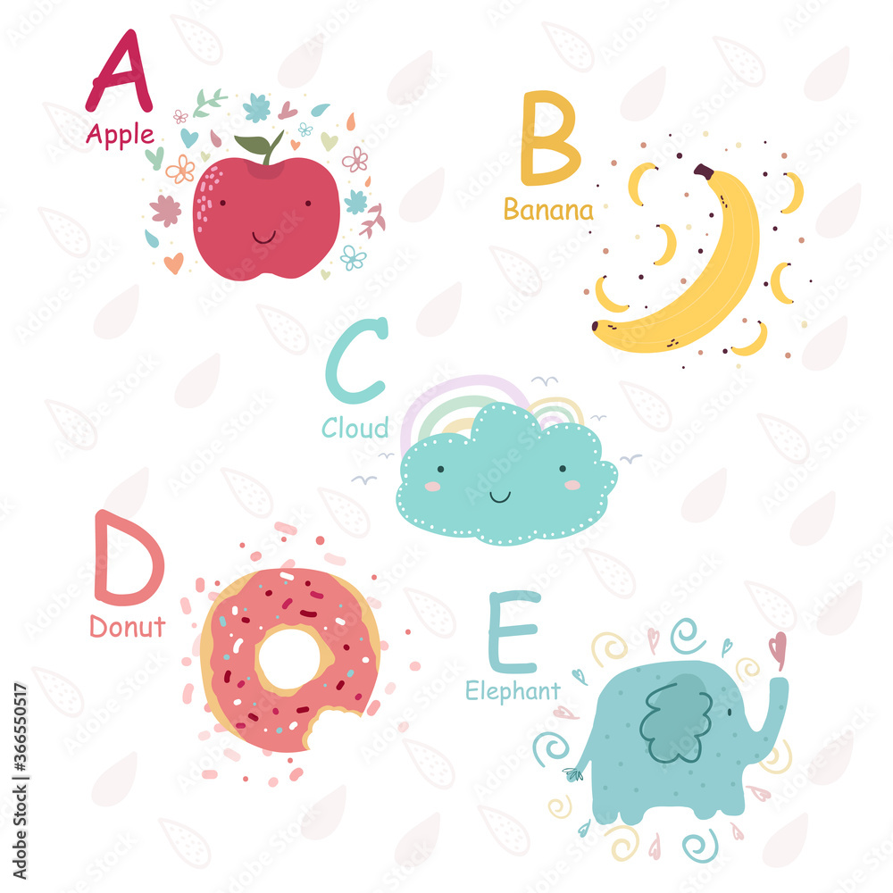 Cute alphabet with funny characters in vector, learn to read A, B, C, D ...