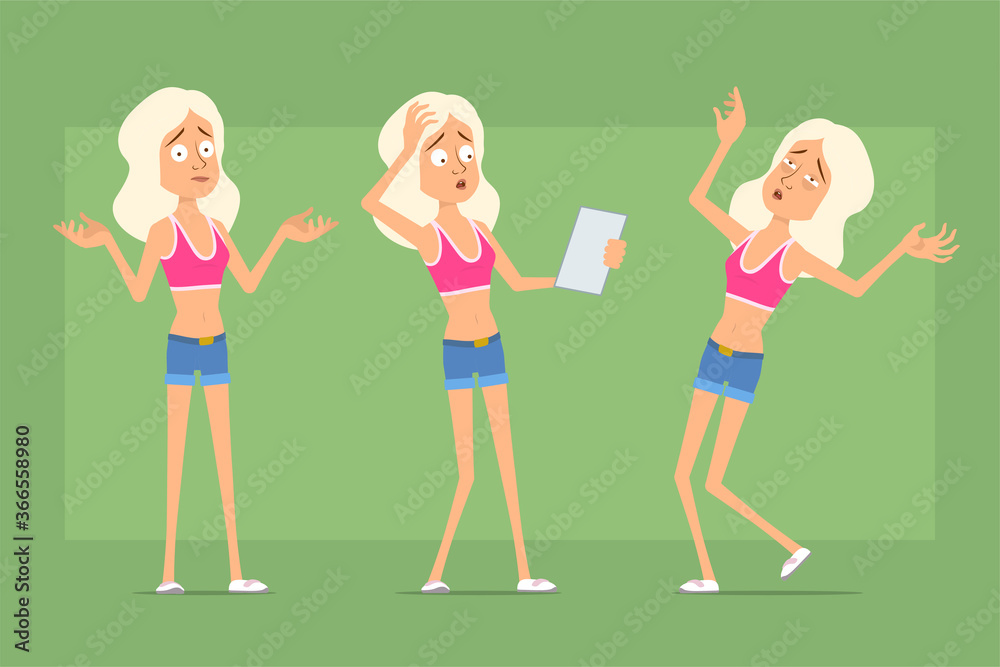 Cartoon flat funny sport woman character in shirt and jeans shorts ...