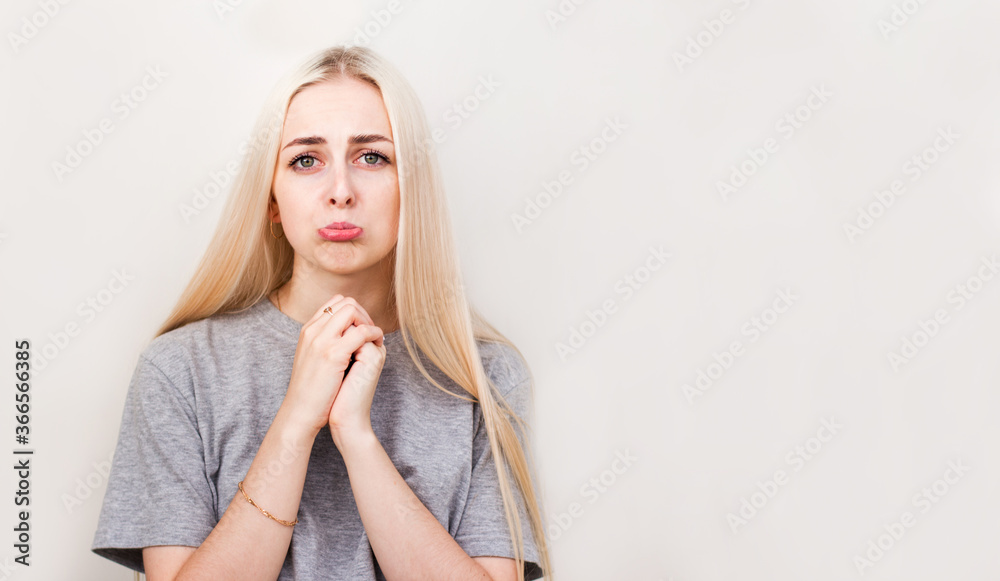 Closeup portrait of sad, hopeful young woman, mother praying, hoping ...