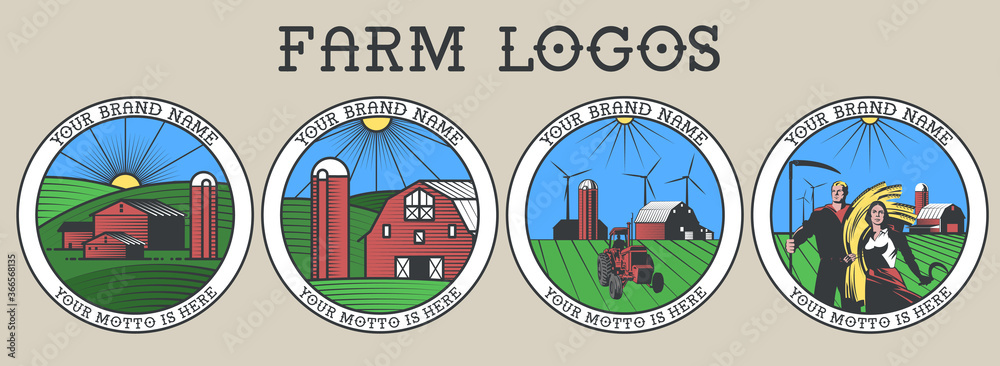 Farm Logos, Barns, Elevators, Windmills, Tractor, Fields Stock Vector ...