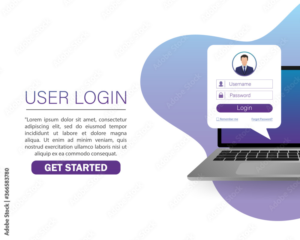 Flat illustration with user login laptop. Vector, flat design. Laptop ...