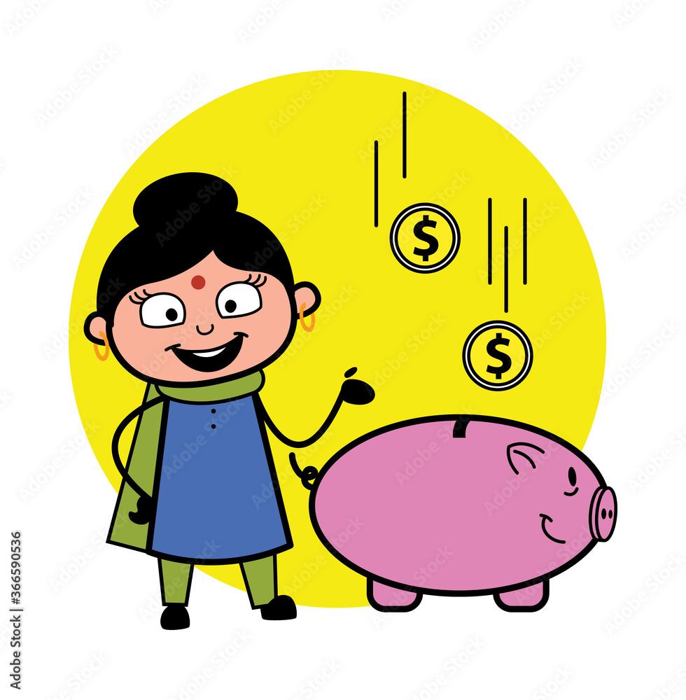 Cartoon Indian Lady saving money in piggy bank Stock Vector | Adobe Stock