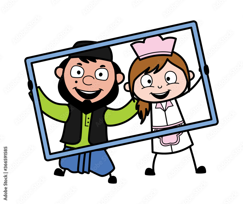 Cartoon Muslim Man in frame with waitress Stock Vector | Adobe Stock