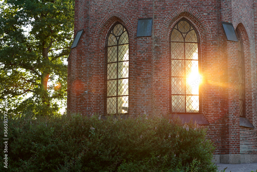 Windows of an old chapel in a park with beautiful evening light Stock ...