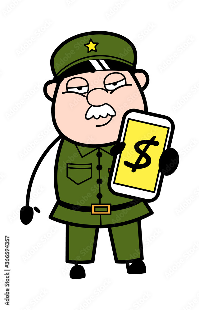 Cartoon Military Man Showing Money in Cell Phone Stock Vector | Adobe Stock