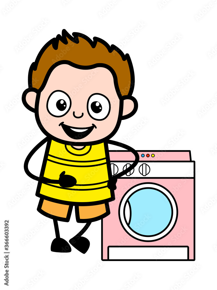 Cartoon Young Boy standing with washing machine Stock Vector | Adobe Stock