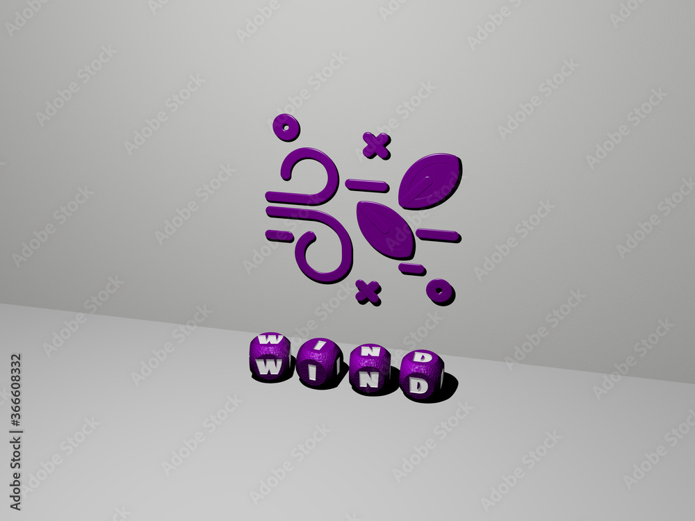 3D illustration of WIND graphics and text made by metallic dice letters ...