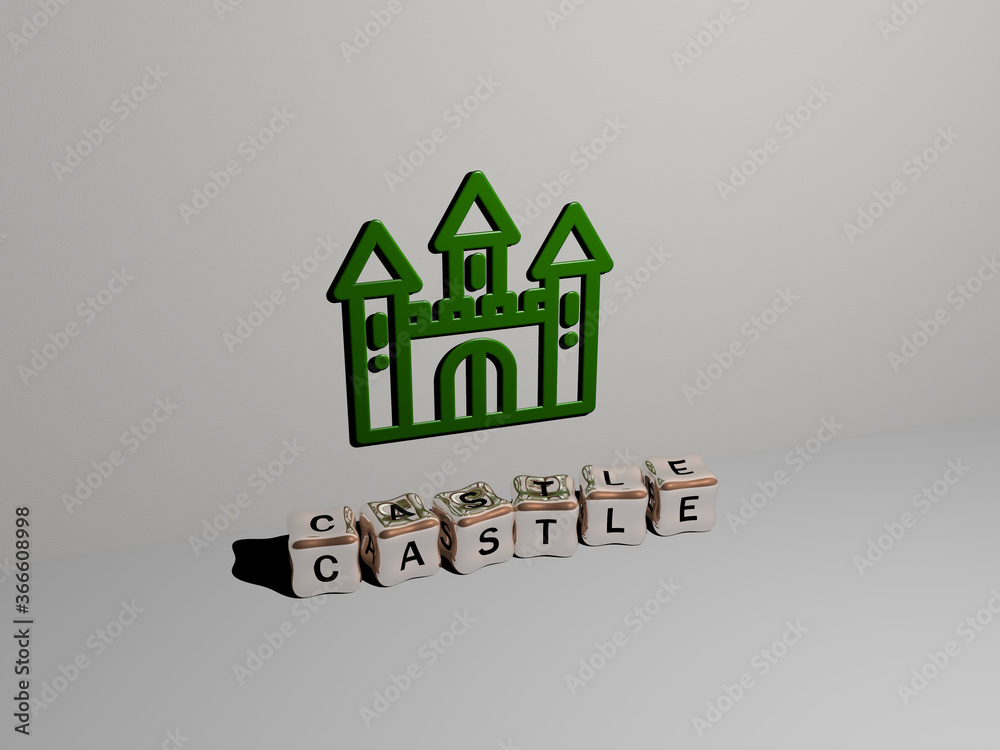 3D representation of CASTLE with icon on the wall and text arranged by ...