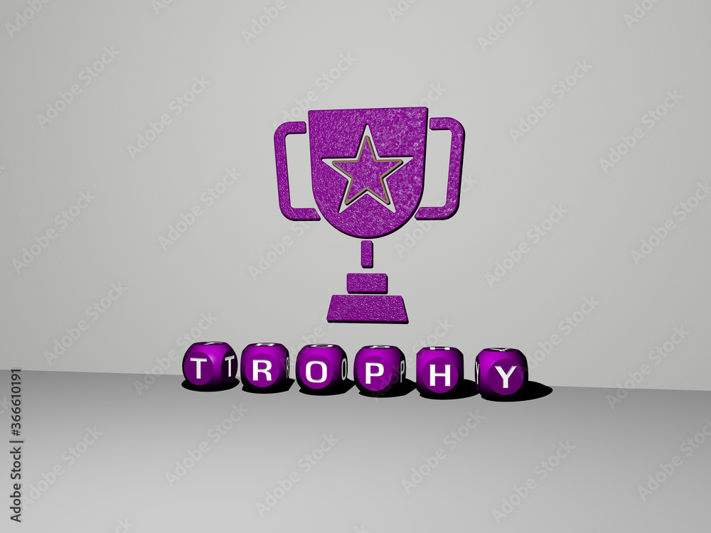 3D illustration of TROPHY graphics and text made by metallic dice ...