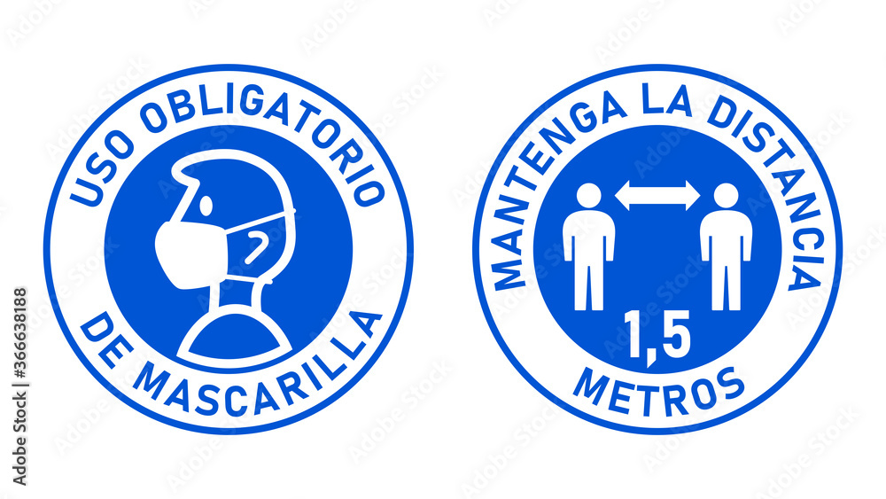 Set of Round Sticker Signs in Spanish "Uso Obligatorio de Mascarilla ...