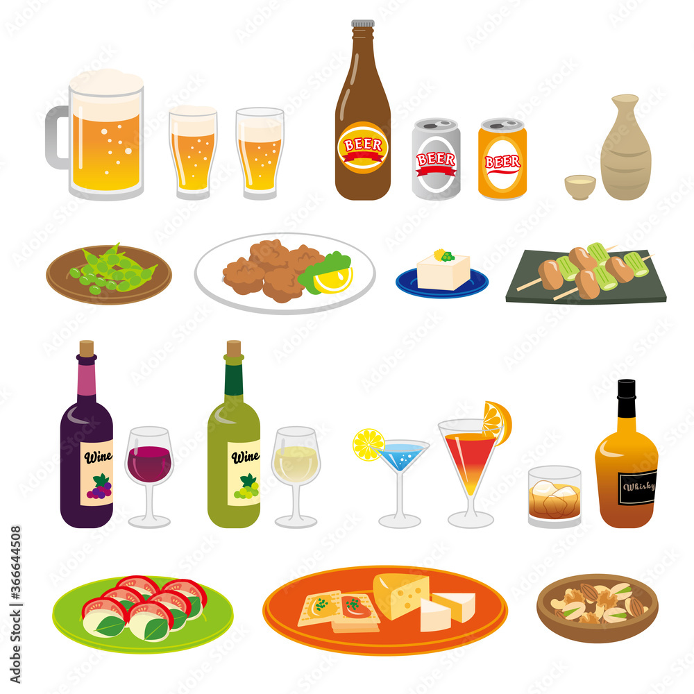 Vettoriale Stock 和風洋風お酒とおつまみのイラストセット/白背景 | Adobe Stock