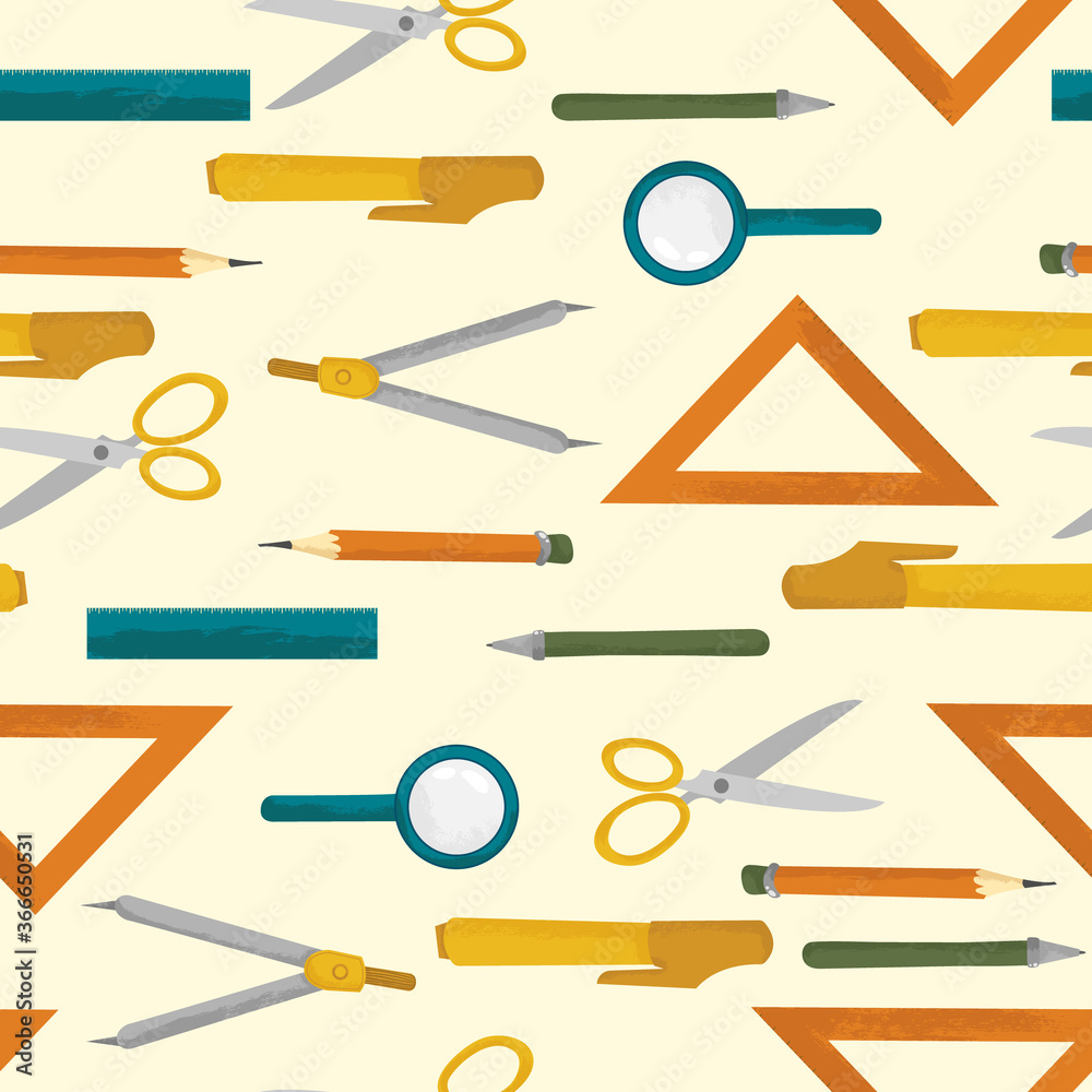 School supplies vector seamless pattern with texture. Back to school ...