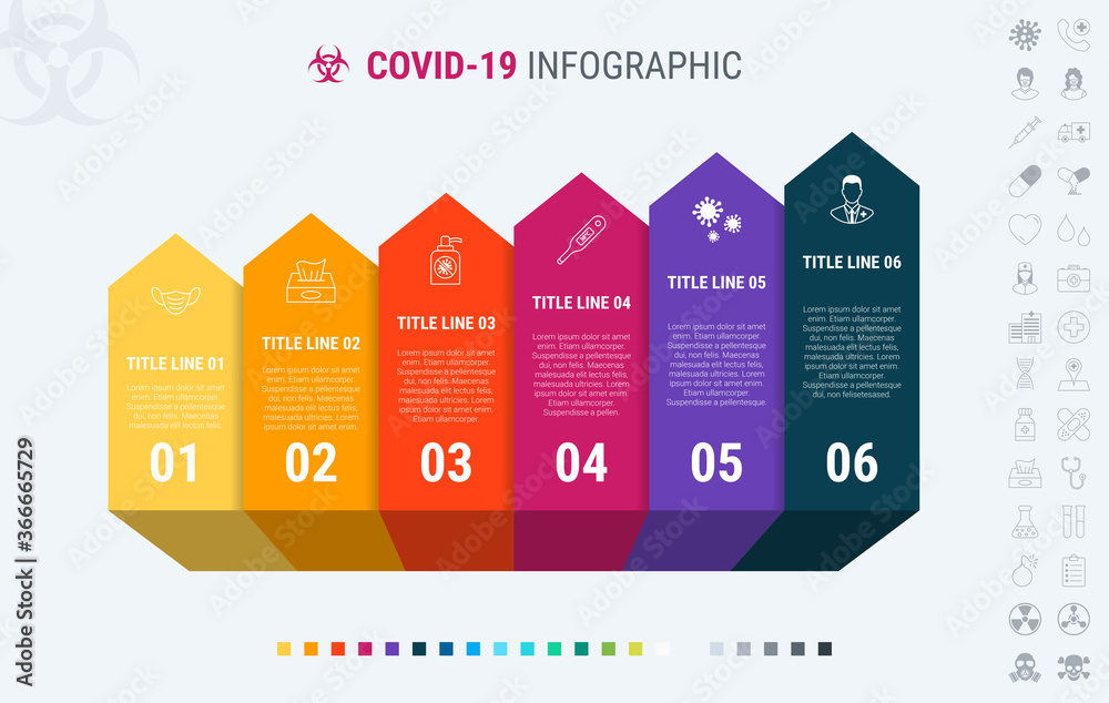 Colorful diagram of covid-19 infographic template. Timeline with 6 ...