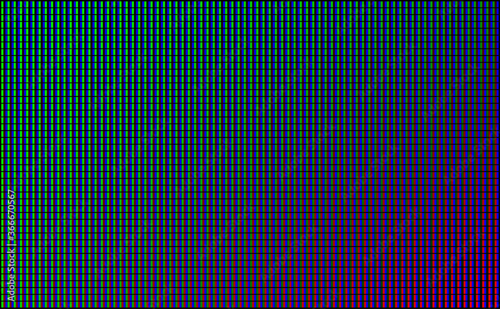 Led wall video screen with green, blue and red dot lights on black ...