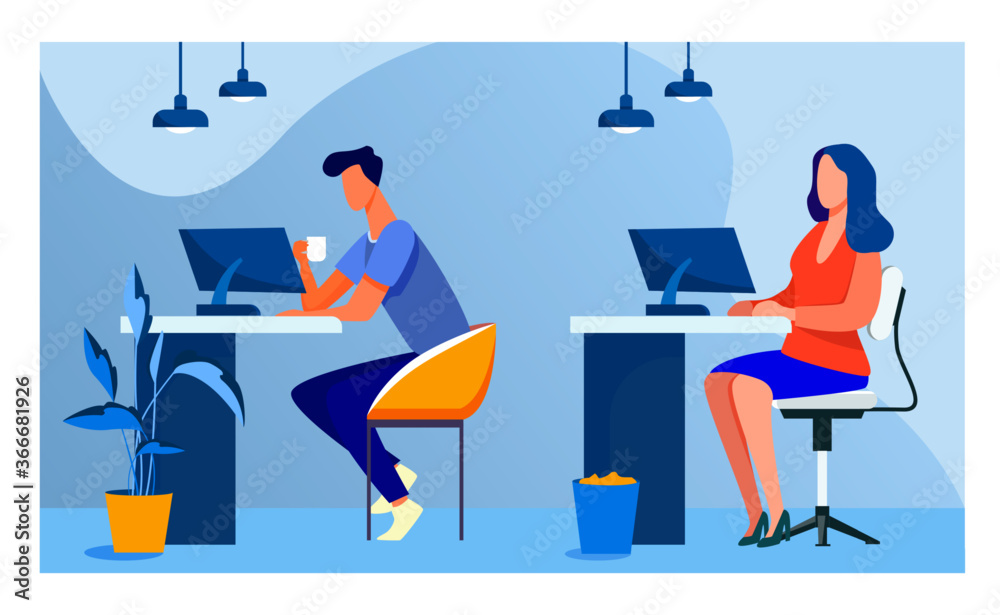 Employees working at computers. Office people, workplaces, co-working ...