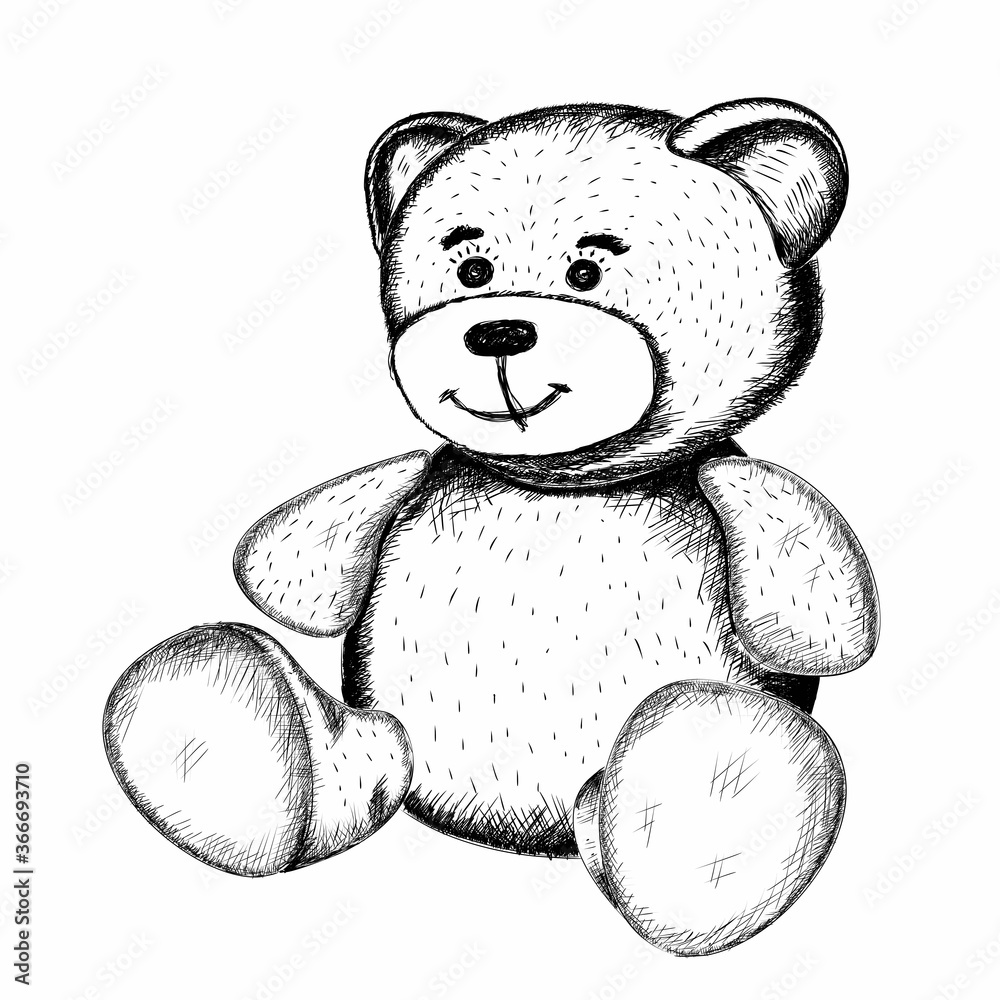 Cute little toy Teddy bear in the style of hand-drawn pencils in black ...