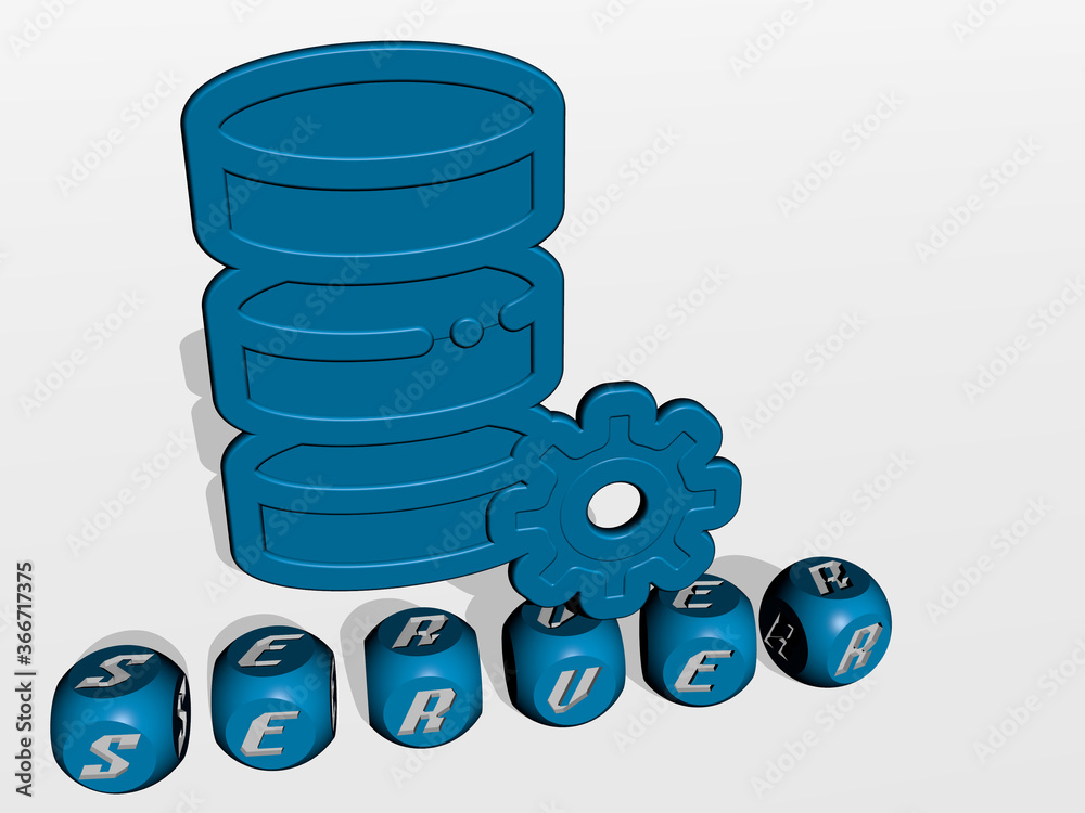 3D illustration of server graphics and text made by metallic dice ...