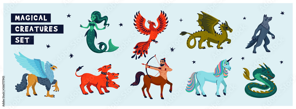 Magical creatures set. Mythological animals. Flat style vector ...