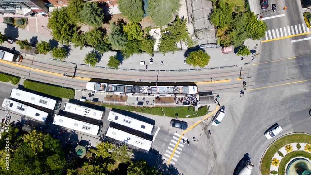 Fotografia do Stock: Aerial view of tram station at the city center ...