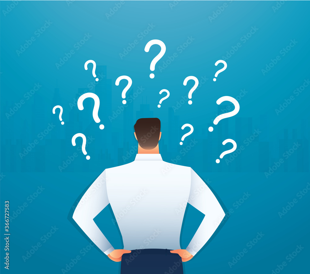back view of businessman looking at question marks vector illustration ...