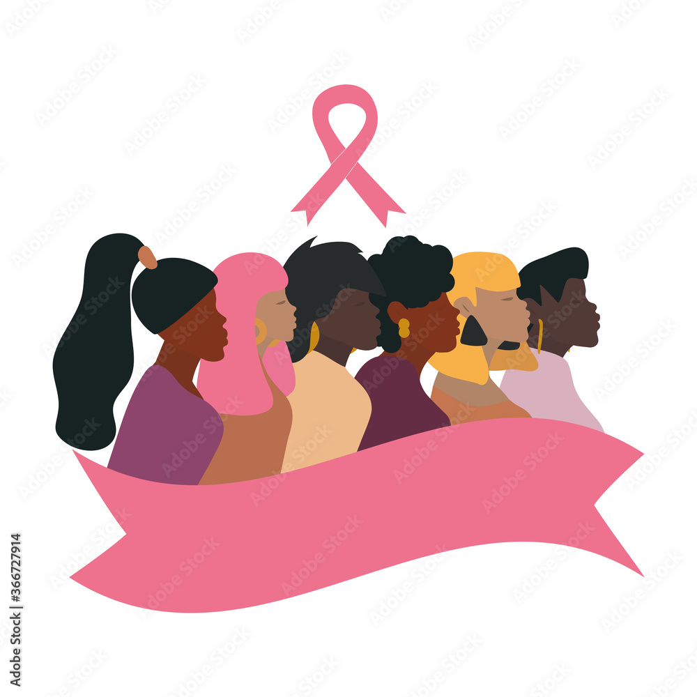 Group of African-American pretty women. Pink ribbon. Prevention of ...