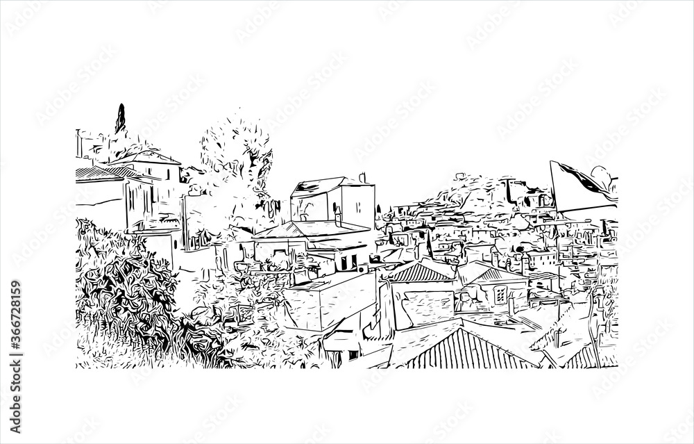 Building view with landmark of Hydra town is the capital and main ...