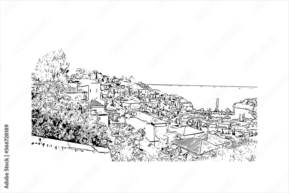 Building view with landmark of Hydra town is the capital and main ...